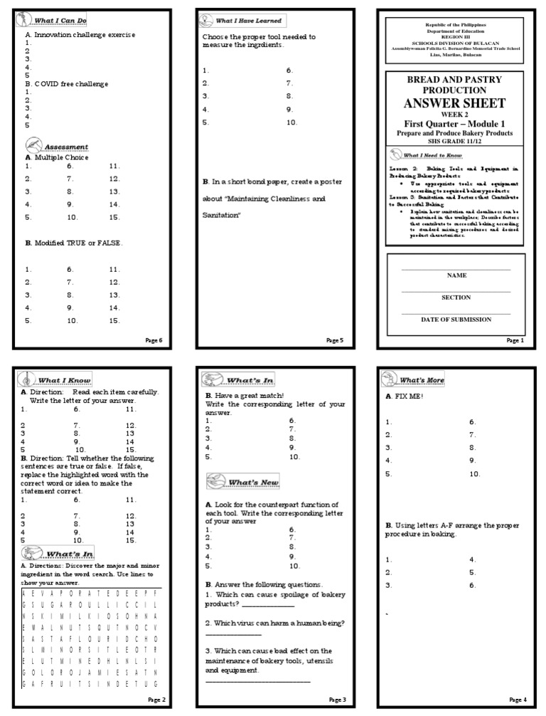Answer Sheet: Bread and Pastry Production | PDF | Bakery | Baking