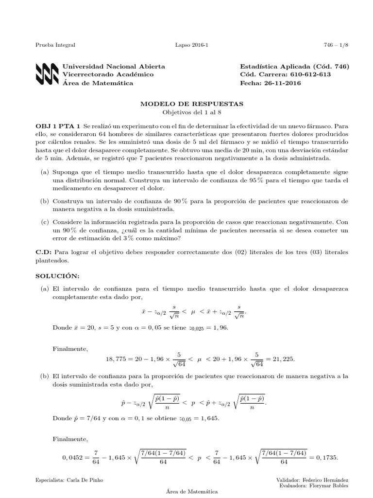 Modelo de Resp 2016-1 (Integral) | PDF | Intervalo de confianza | Distribución normal