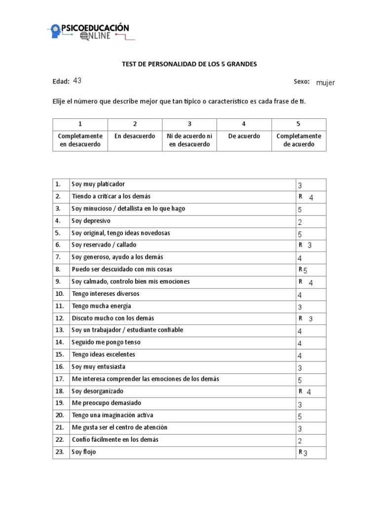 Test de Personalidad Big Five en Español | PDF