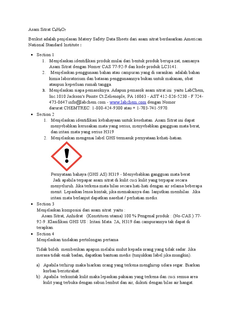 4penjelasan Tugas Msds Asam Sitrat | PDF