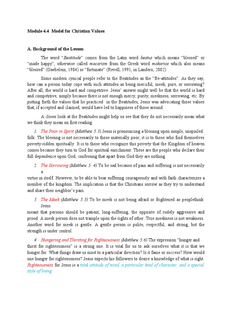 Module+4 4+-+Model+for+Christian+Values | PDF | Beatitudes | Religious ...