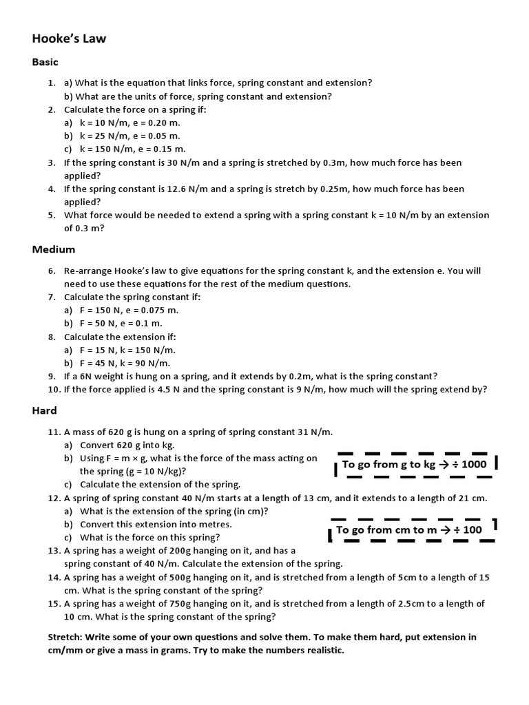 Hookes Law Worksheet | PDF | Force | Mechanical Engineering