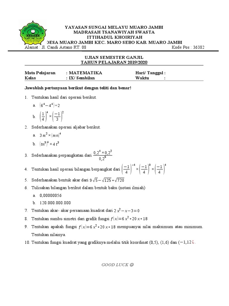 Soal Ujian Semester Ganjil Kelas Ix | PDF