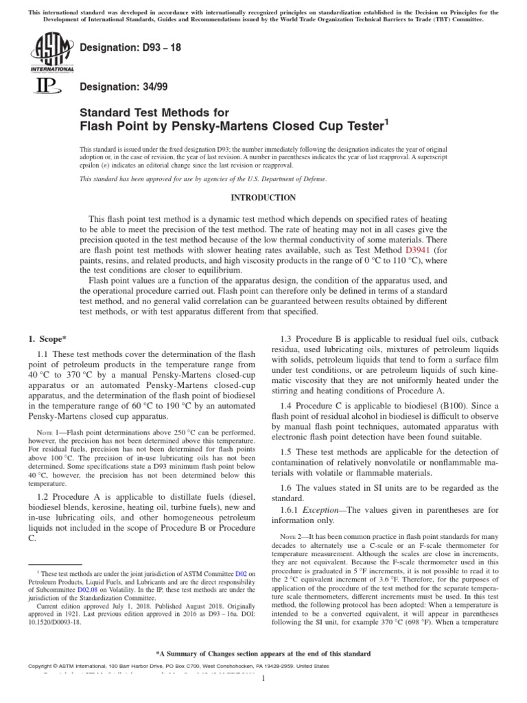 ASTM D93-18 (Flash Point) | PDF | Biodiesel | Solvent