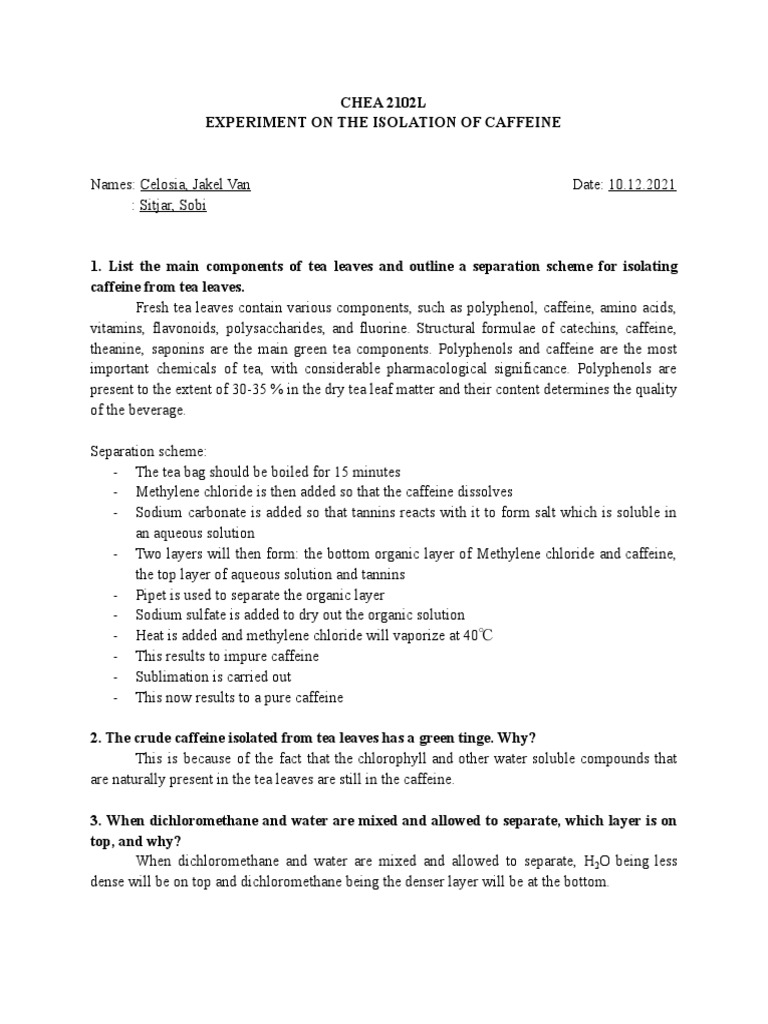 Experiment On The Isolation of Caffeine Worksheet | PDF | Distillation ...