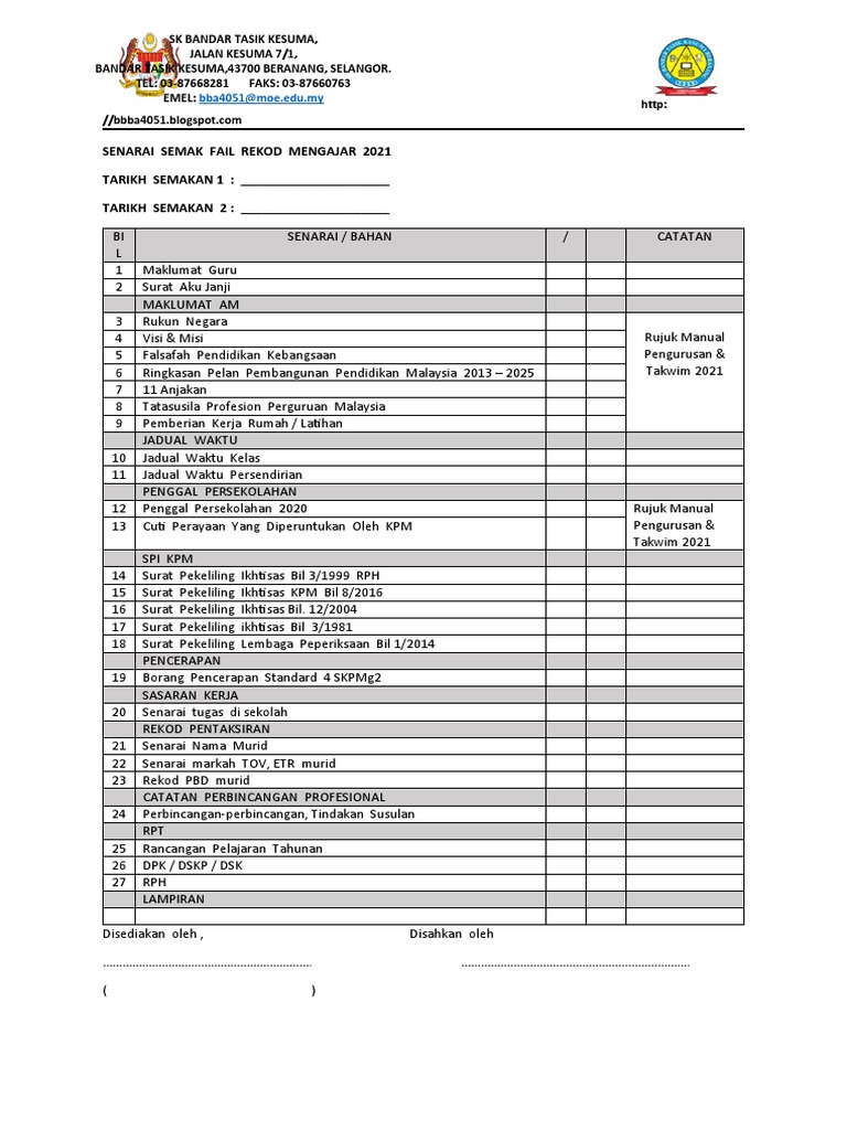 Senarai Semak Fail Rekod Mengajar Guru | PDF