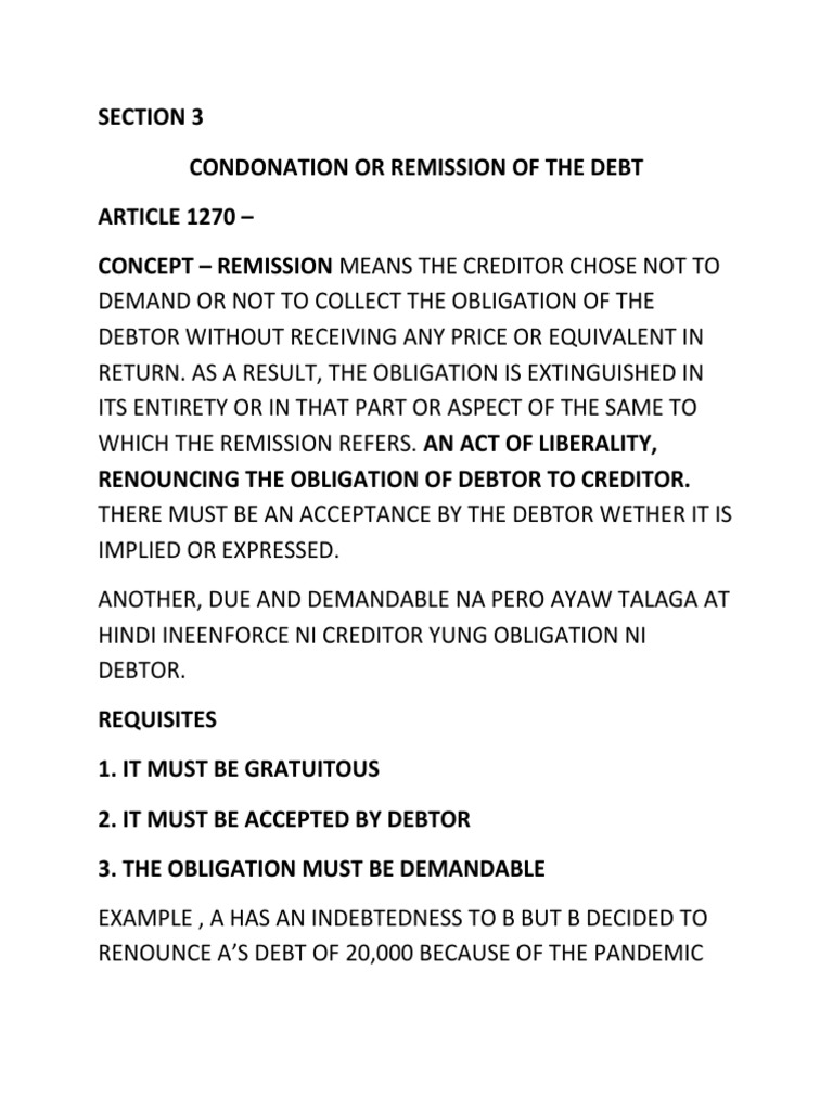 Condonation or Remission | PDF | Debt | Debtor