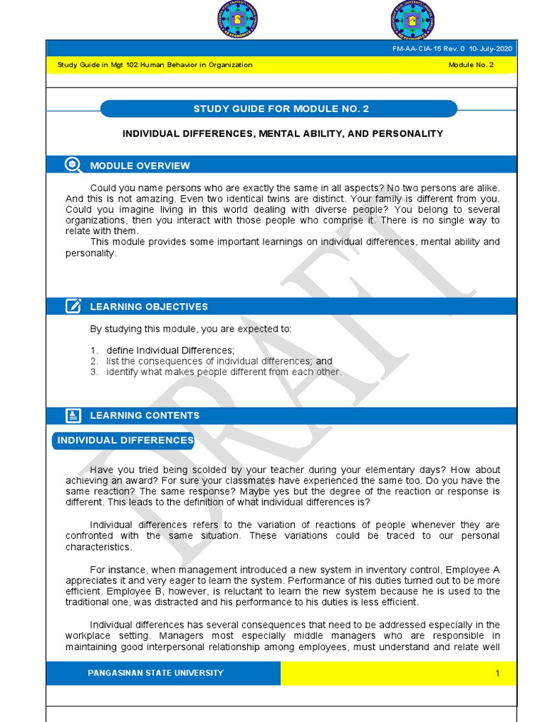 Individual Differences, Mental Ability, and Personality: Study Guide For Module No. 2 | PDF ...