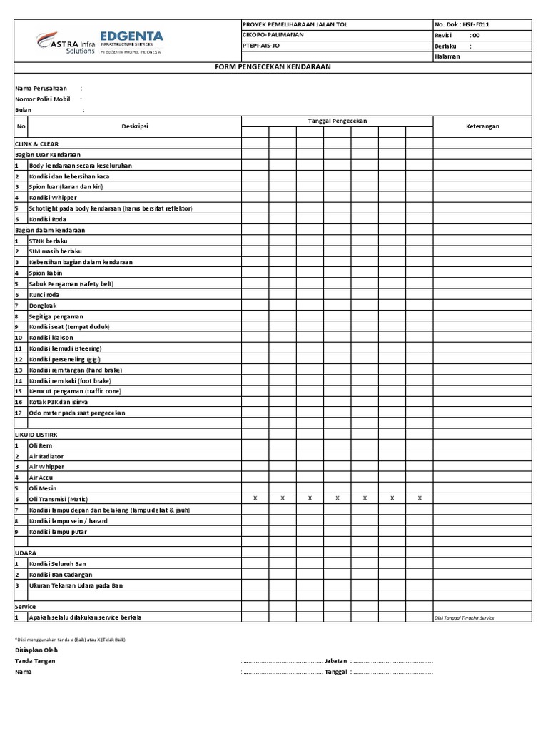 Form Checklist Kendaraan Operasional | PDF