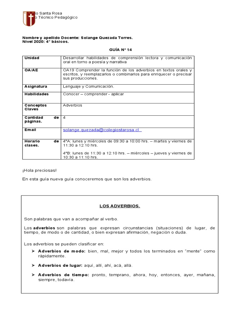 Guía sobre Adverbios para 4° Básico | PDF | Adverbio
