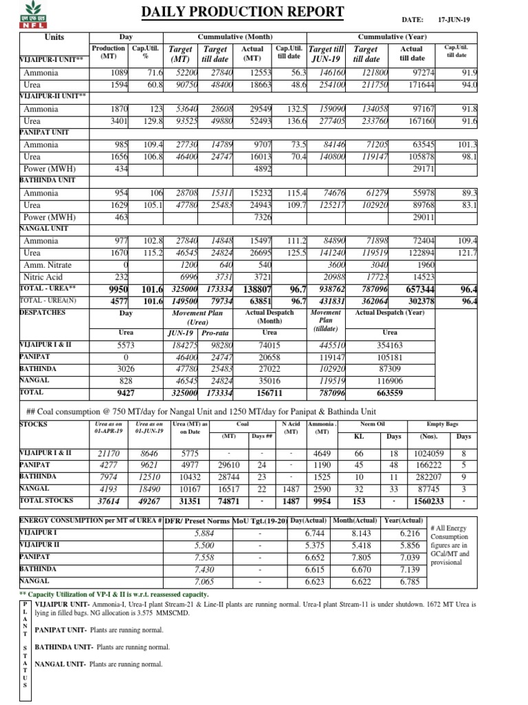 Daily Production Report Summary | PDF | Urea | Physical Sciences