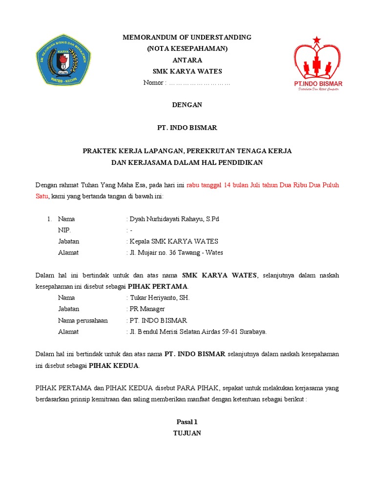 MoU PT. Indo Bismar | PDF