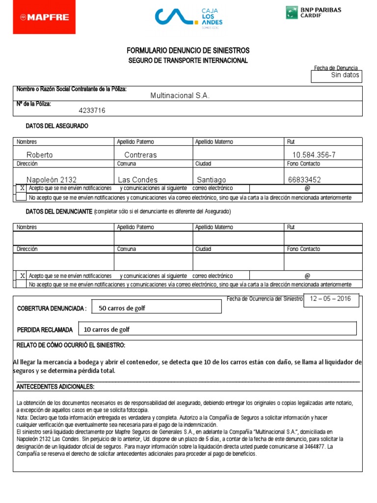 Formulario Denuncia Siniestro | PDF | Póliza de seguros | Seguro