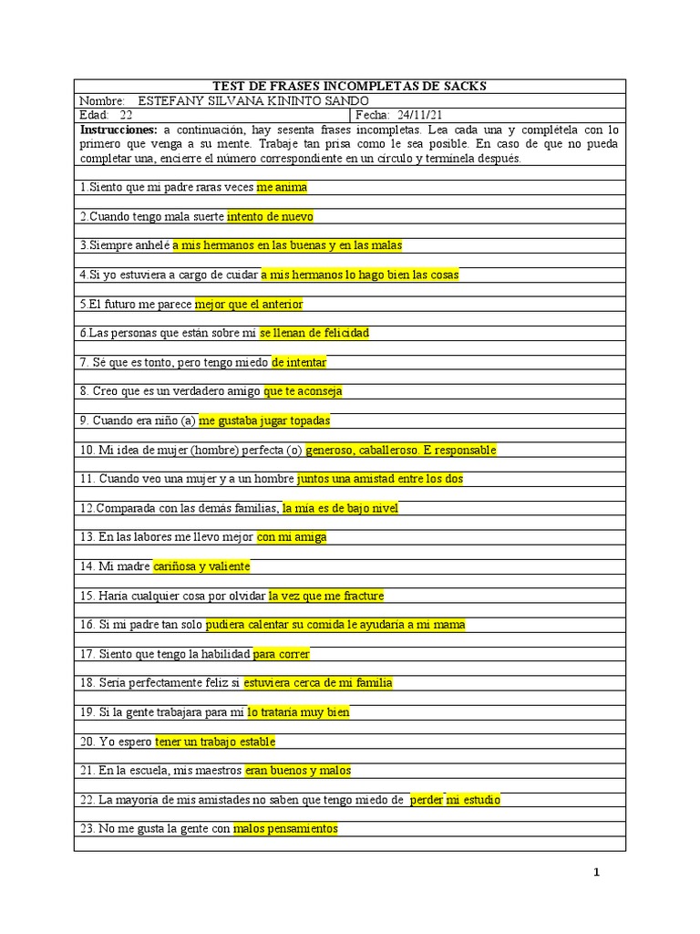 Test de Frases Incompletas de Sacks | PDF