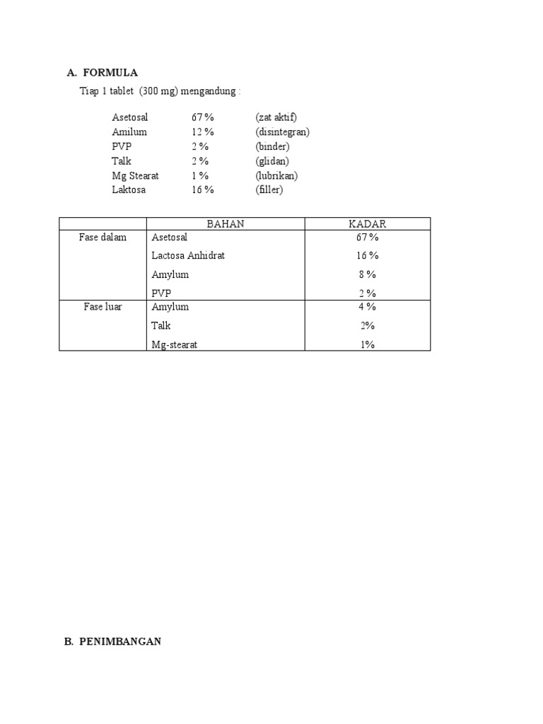 Rumus dan Kandungan Asetosal Tablet | PDF