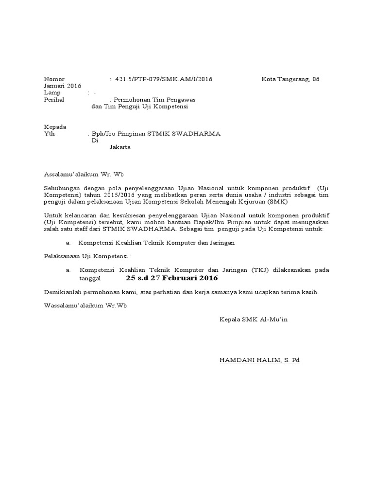 Surat Permohonan Penguji Ujian Kompetensi | PDF