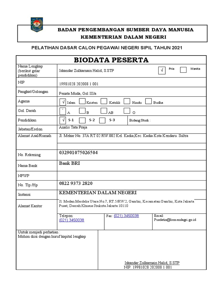 BIODATA Peserta Latsar | PDF