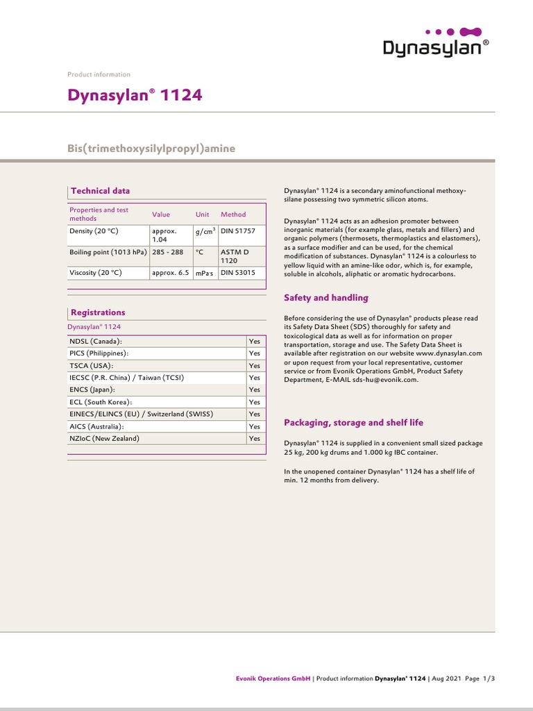 Dynasylan® 1124: Bis (Trimethoxysilylpropyl) Amine | PDF | Polymers | Epoxy