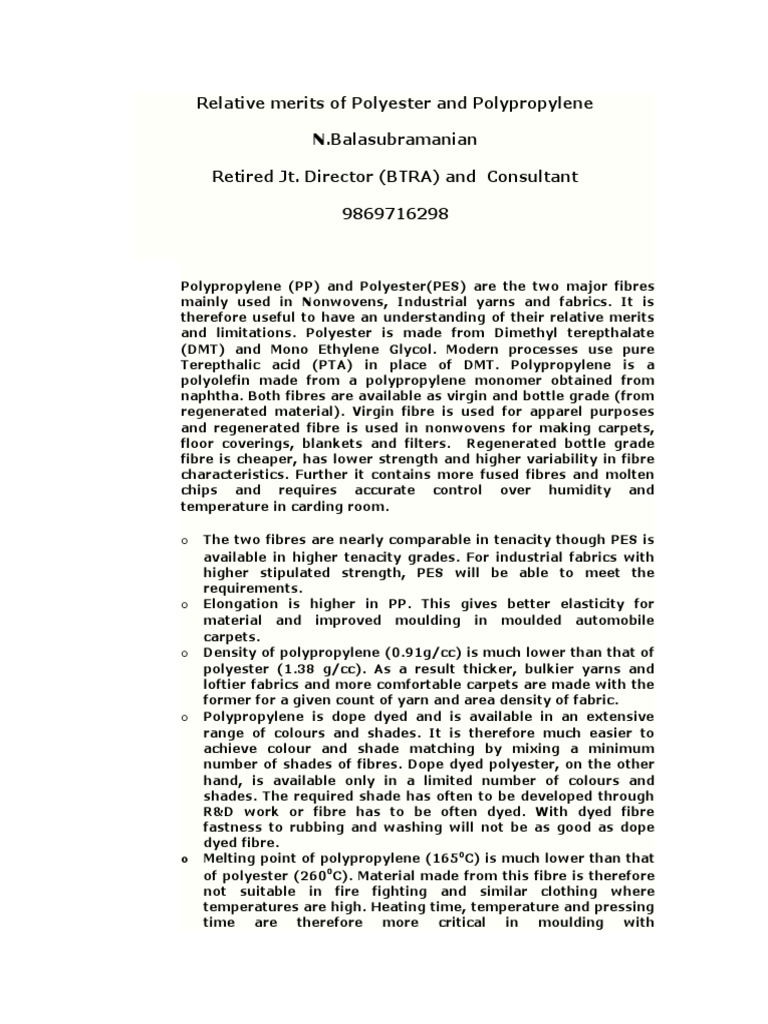 Polyester vs Polypropylene Comparison | PDF | Polyester | Fibers