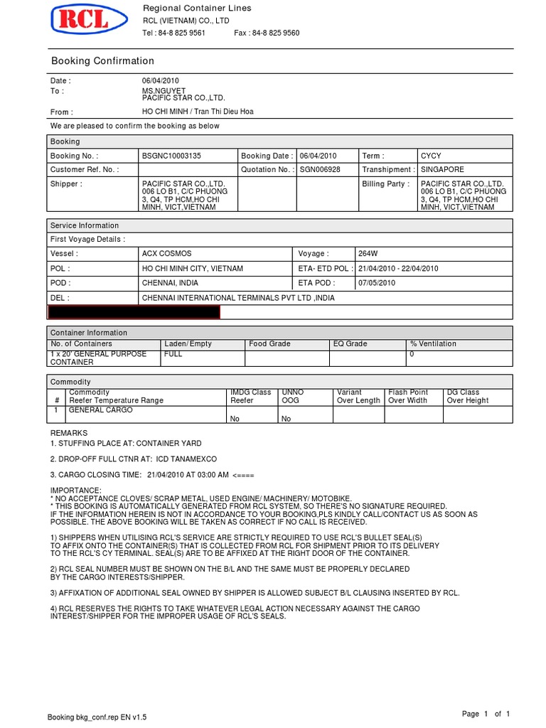 Booking Confirmation RCL Axm264 3135 | PDF | Trade | Transport