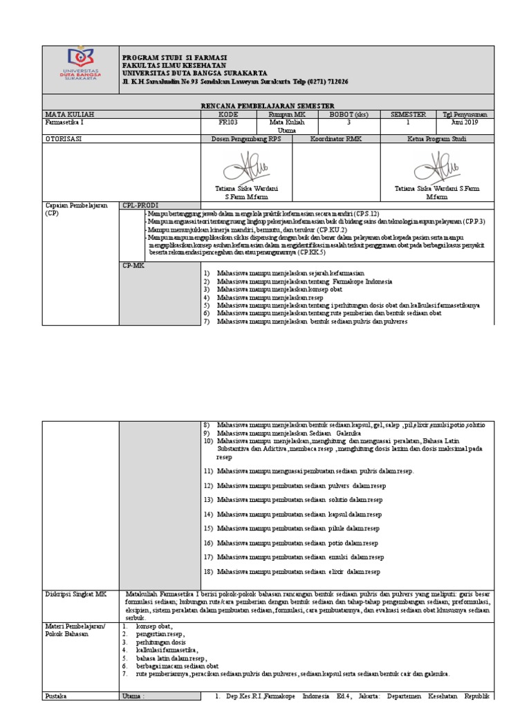 Rps Farmasetika I (Tatiana Siska Wardani) | PDF