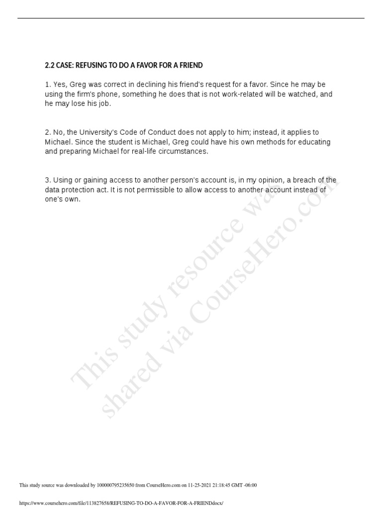 This Study Resource Was: 2.2 Case: Refusing To Do A Favor For A Friend ...