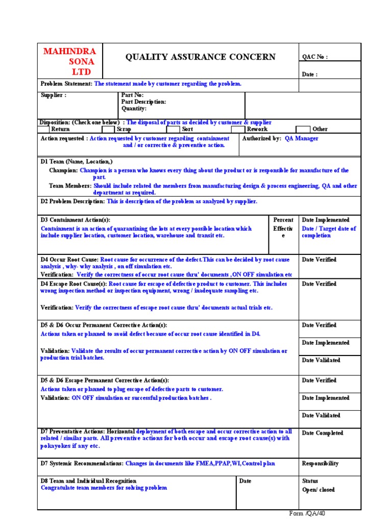 8 D Filling Guideline | PDF | Systems Science | Quality