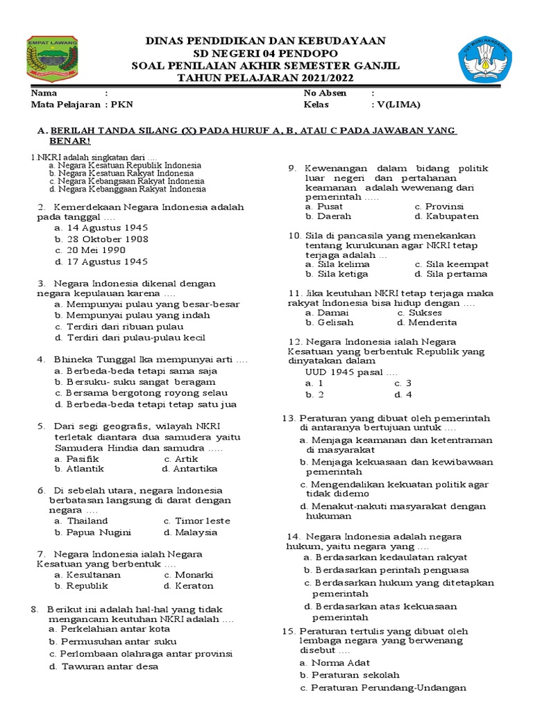 Soal UAS PKN Kelas 5 SD Semester 1 (Ganjil) Dan Kunci Jawaban | PDF