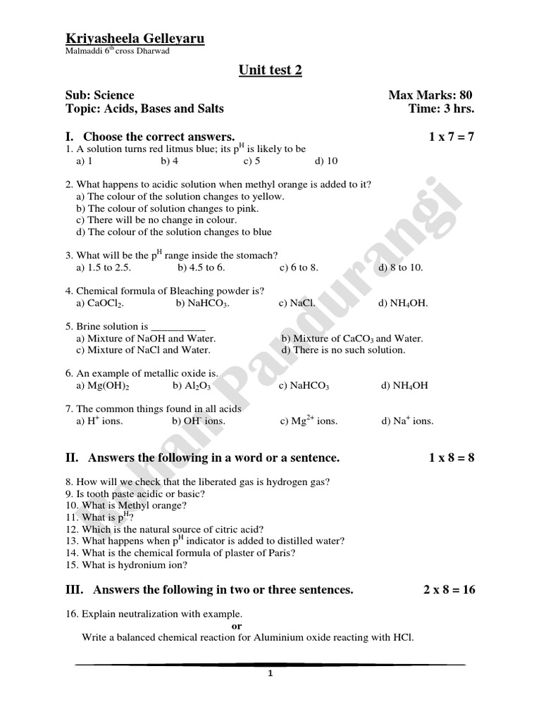 Unit Test 2 (Acids Bases and Salts) | PDF | Sodium Hydroxide | Ph