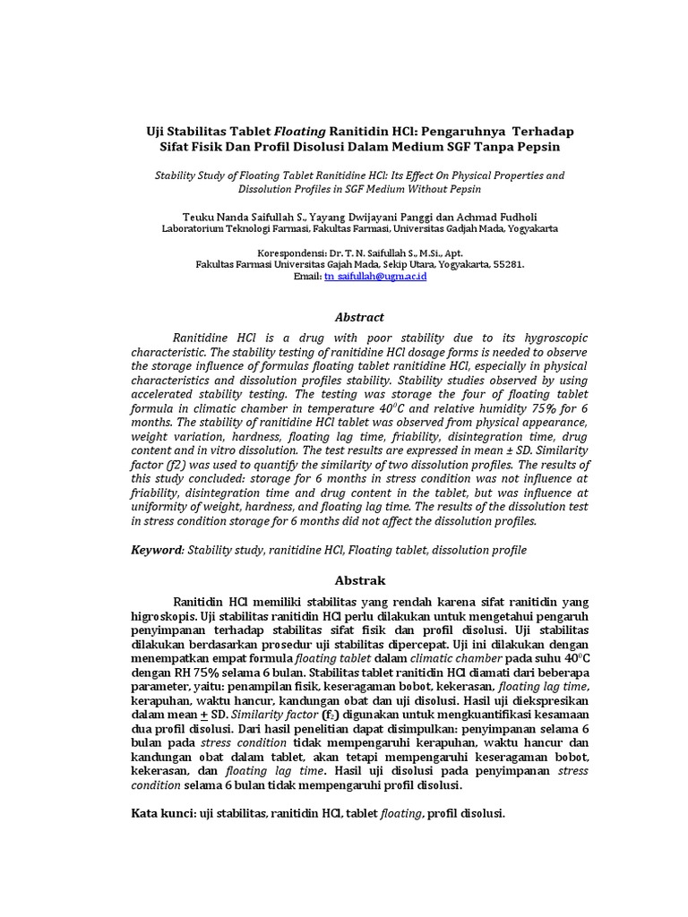 Uji Stabilitas Tablet Floating Ranitidin HCL: Pengaruhnya Terhadap ...