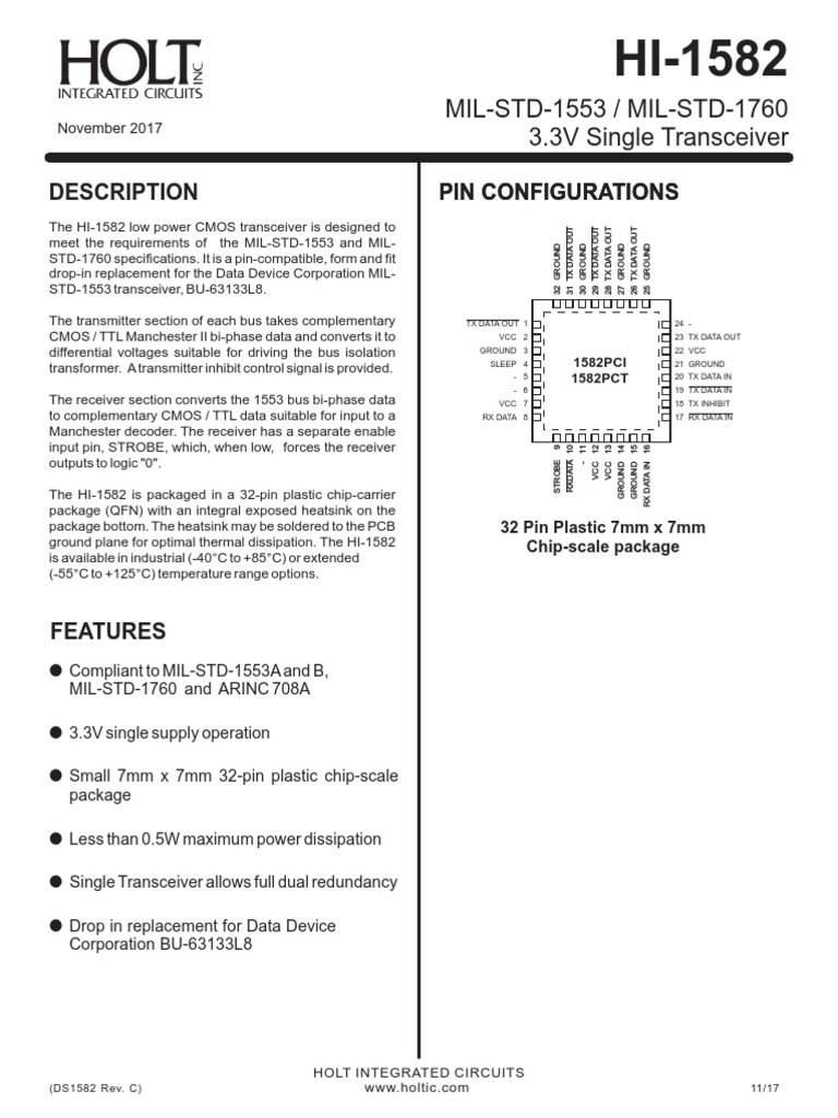 MIL-STD-1553 / MIL-STD-1760 3.3V Single Transceiver: Description Pin ...