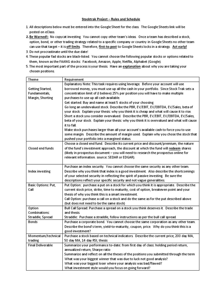Stock-Trak Assignment Rules | PDF | Option (Finance) | Stocks
