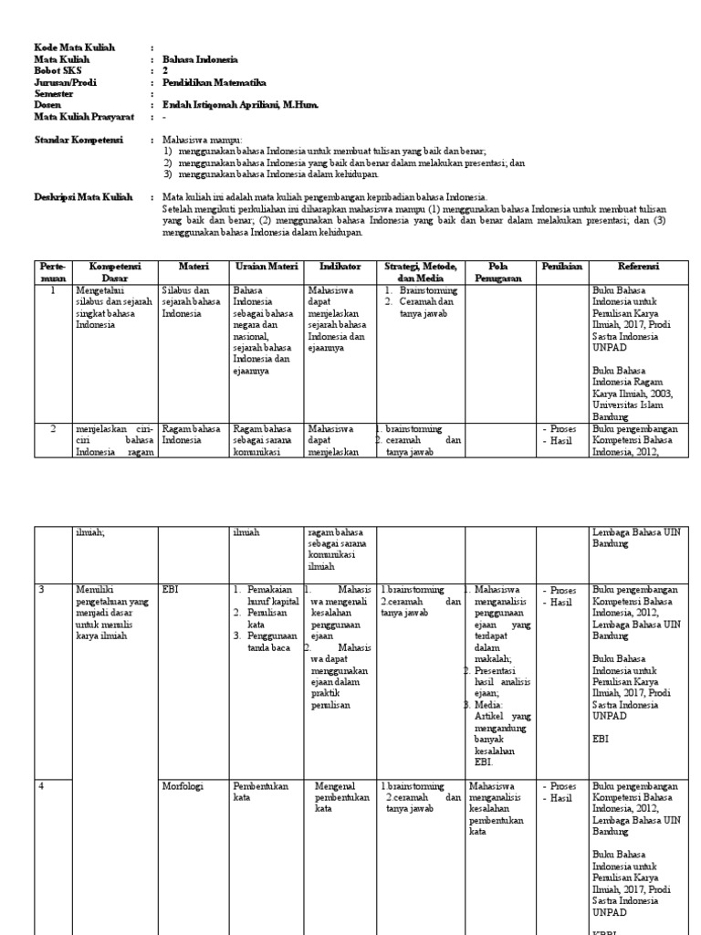 RPS Bahasa Indonesia Pendidikan Matematika | PDF | Seni & Disiplin Bahasa