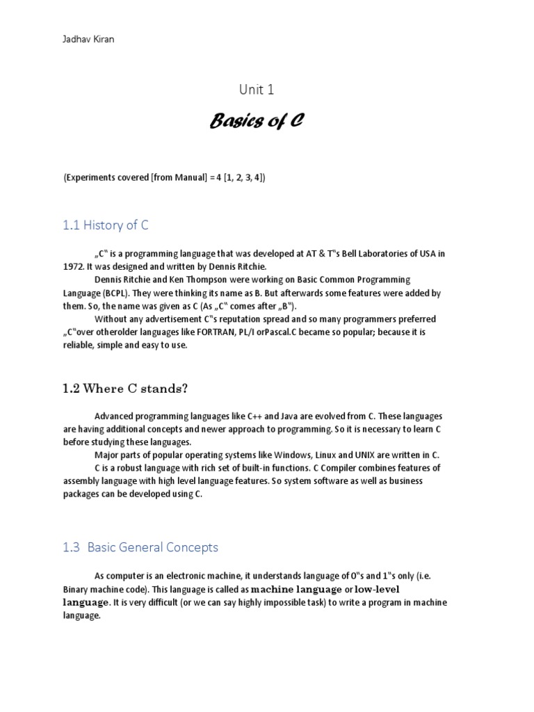 Unit 1 - Basics of C | Download Free PDF | Computer Program | Programming