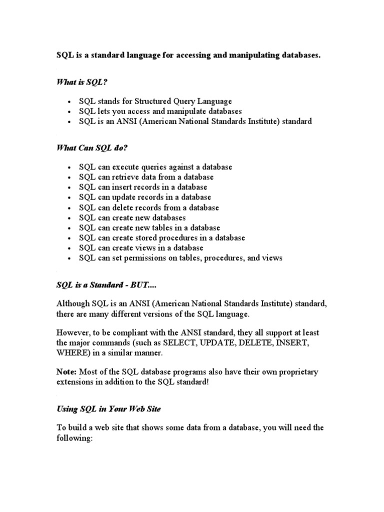 What Is Sql Sql Is A Standard Language For Accessing And Manipulating Databases Pdf Sql