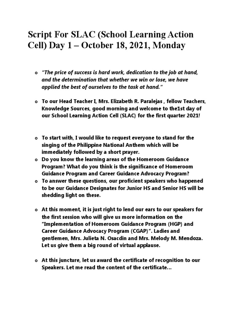 Script For SLAC (School Learning Action Cell) Day 1 - October 18, 2021 ...