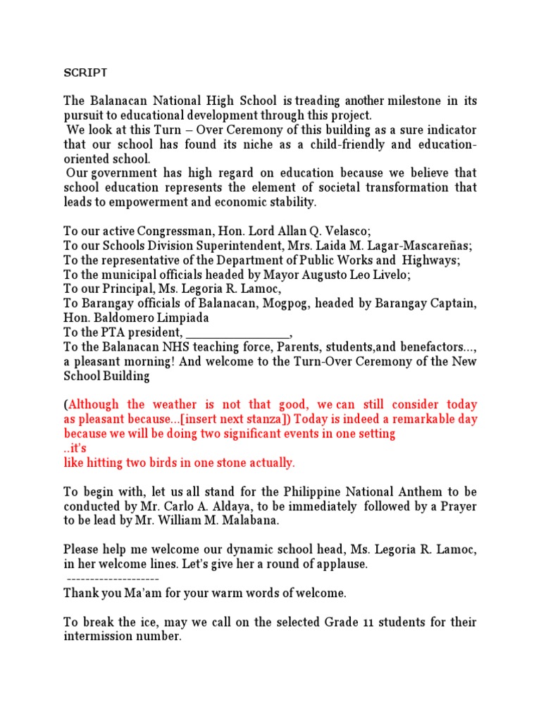 Script For Turn Over Ceremony | PDF