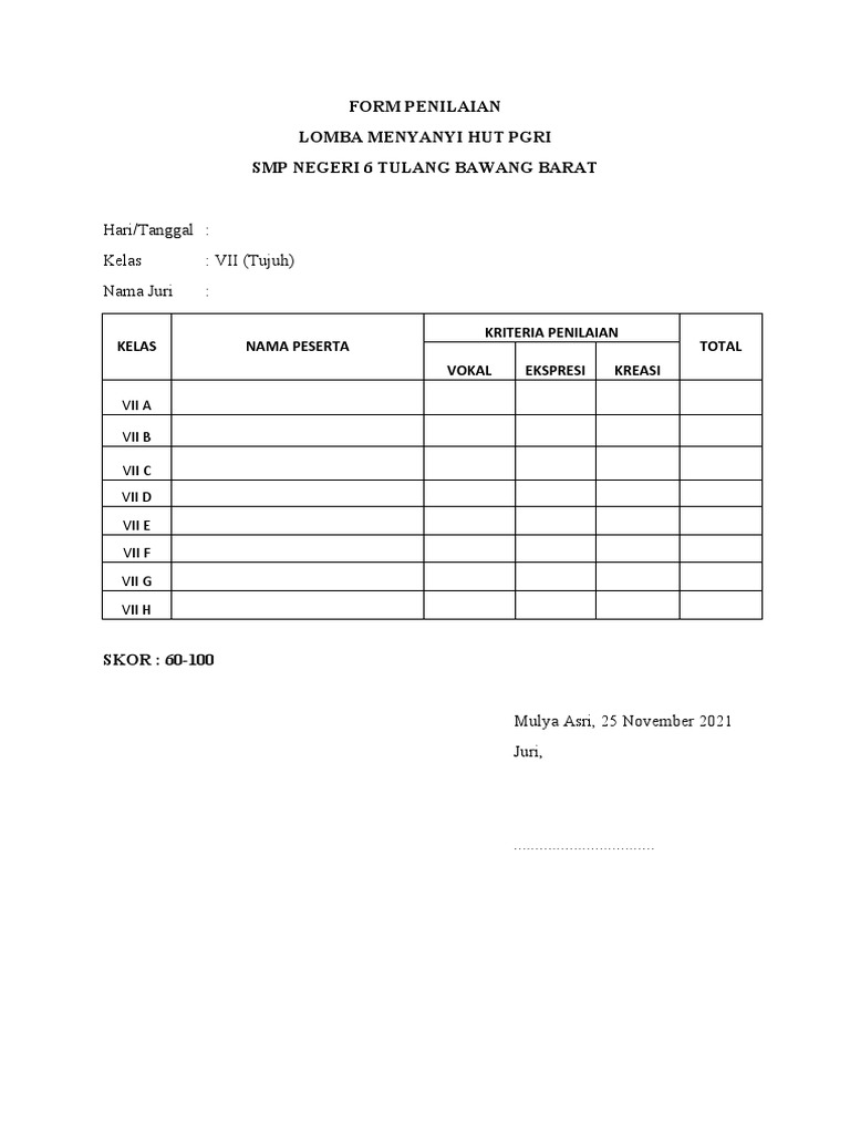 Form Penilaian Lomba Menyanyi Hut Pgri | PDF