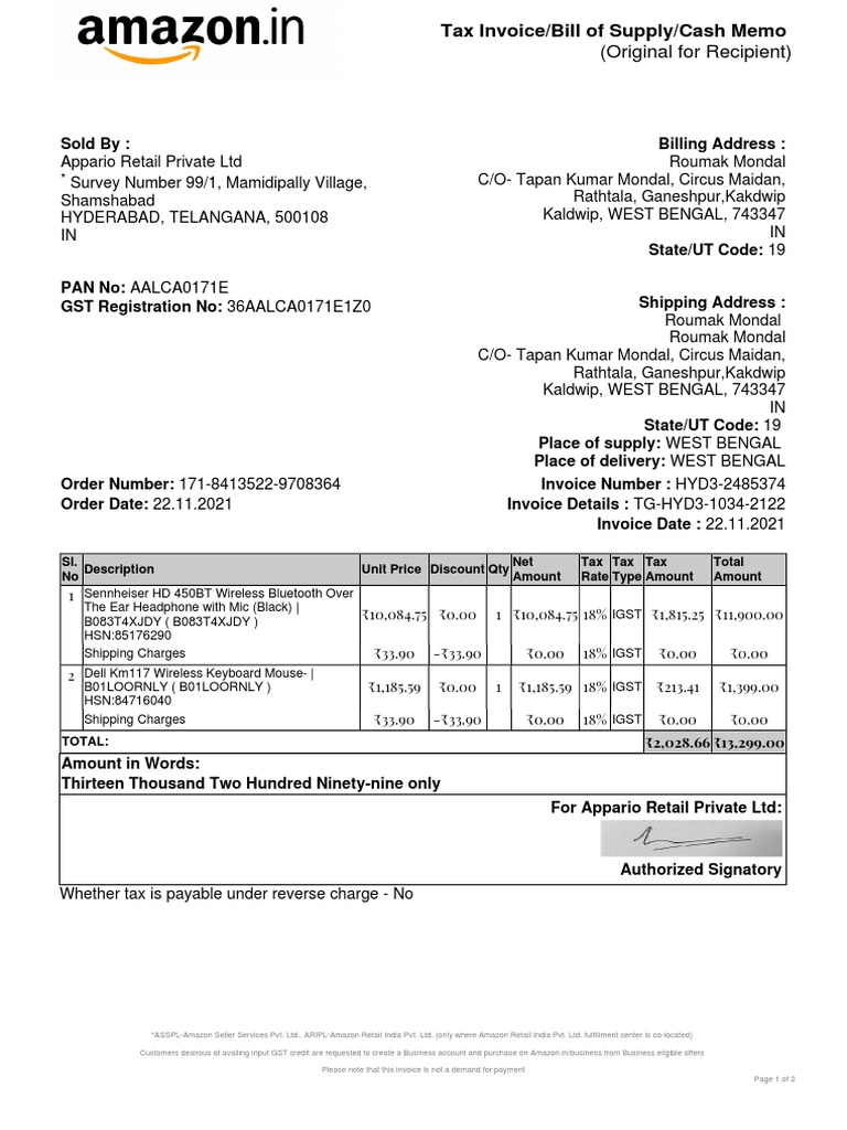 Tax Invoice for Headphones and Keyboard Mouse Sold to Roumak Mondal ...