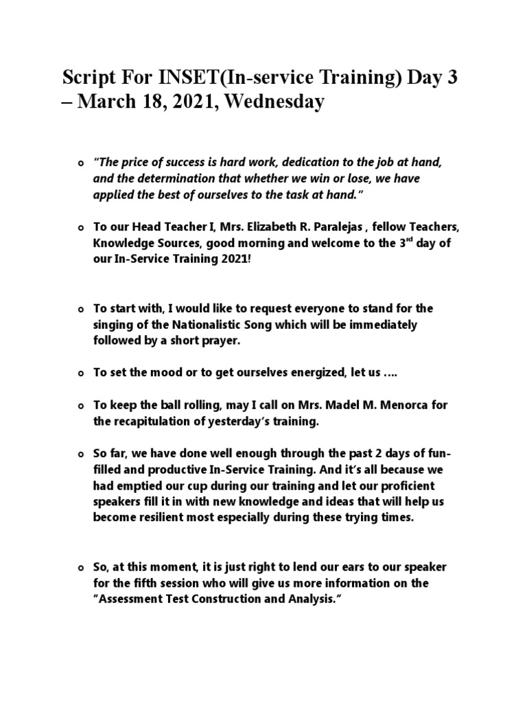 Script For INSET (In-Service Training) Day 3 - March 18, 2021 ...