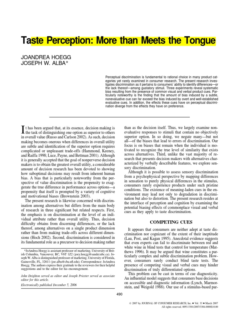 Taste Perception - More Than Meets The Tongue | PDF | Perception ...