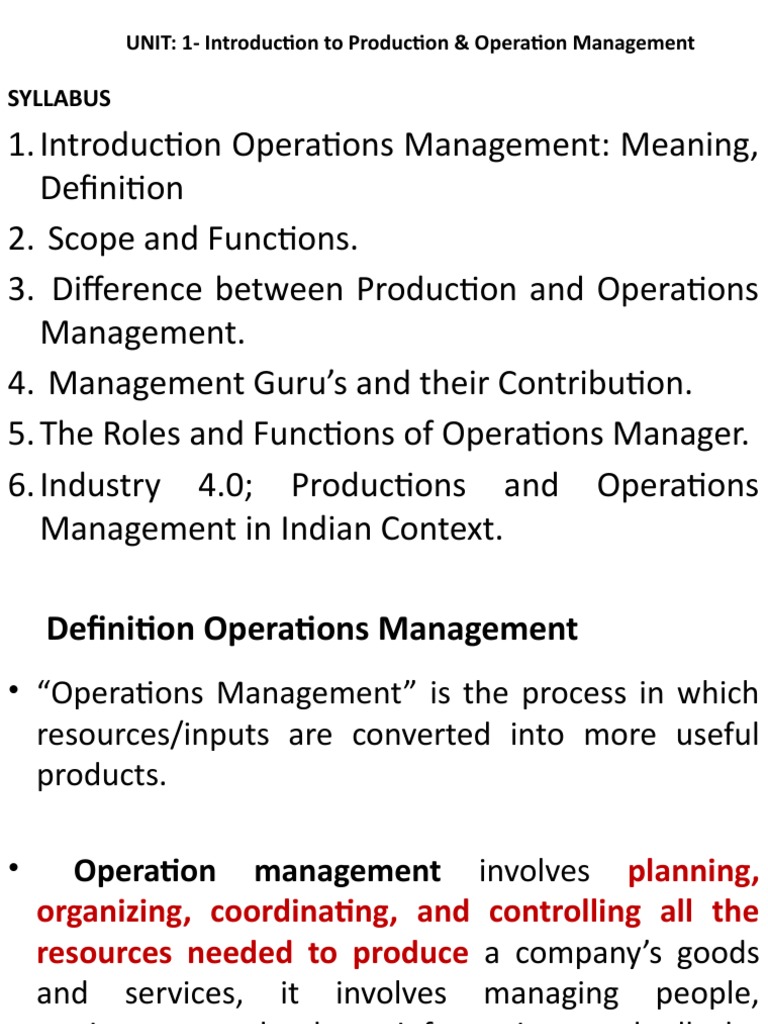 Syllabus: UNIT: 1-Introduction To Production & Operation Management ...