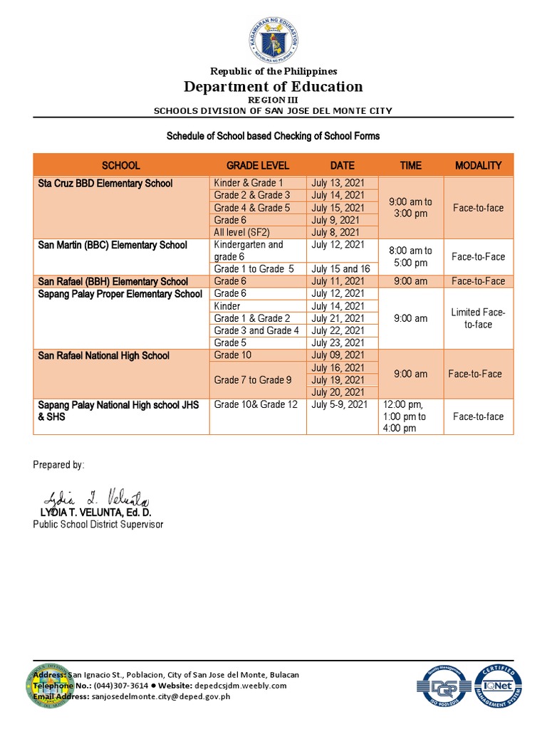 Schedule of School Based Checking of School Forms | PDF | Educational ...