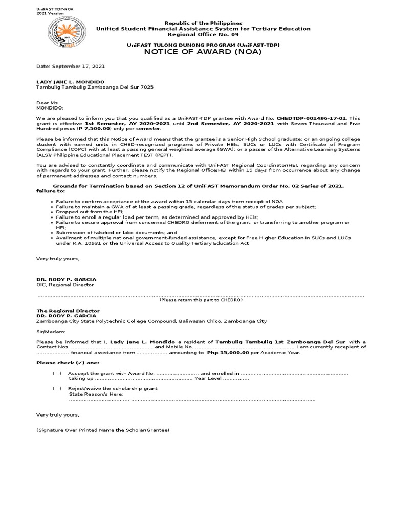 Notice of Award (Noa) : Unified Student Financial Assistance System For ...