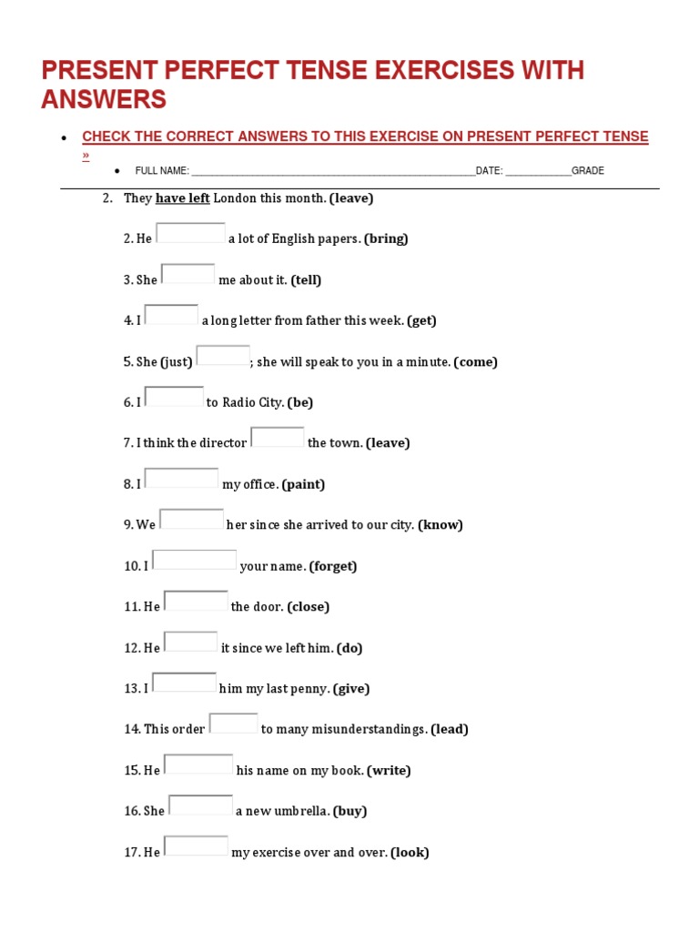 Present Perfect Tense Exercises With Answers | PDF