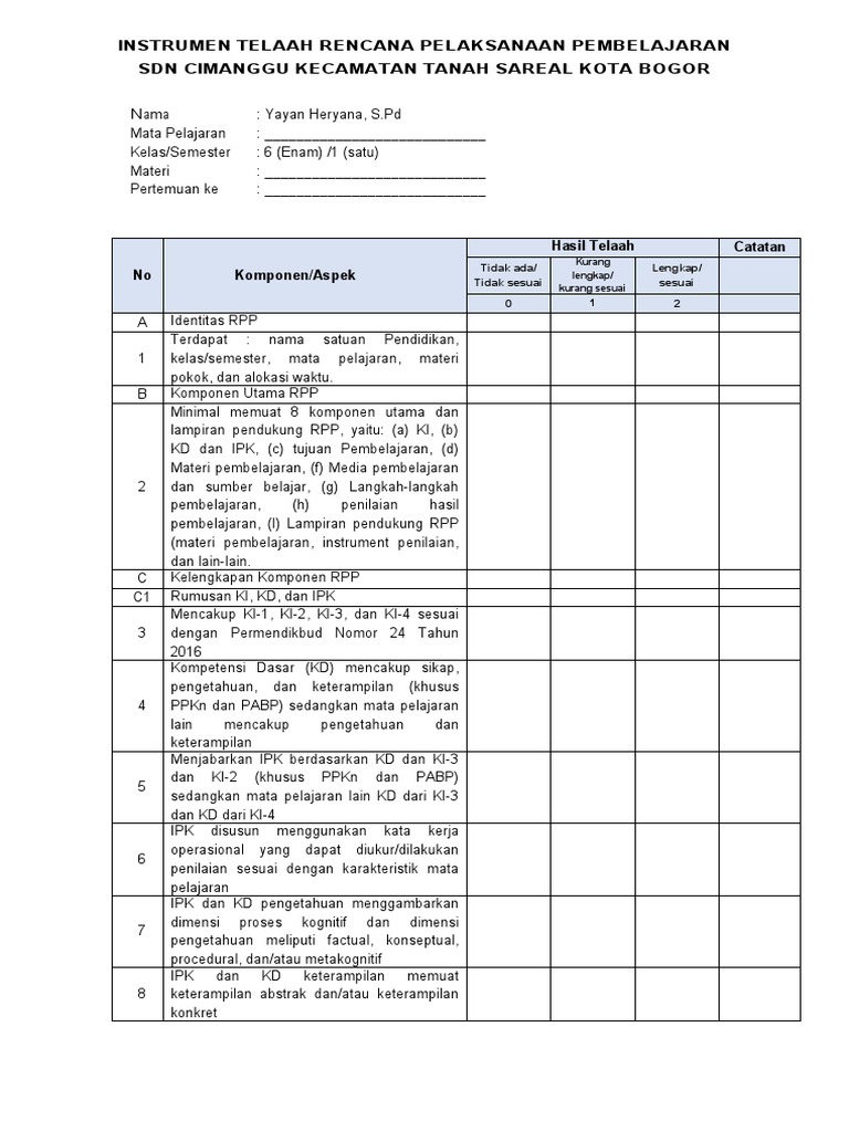 Intrumen Telaah RPP | PDF