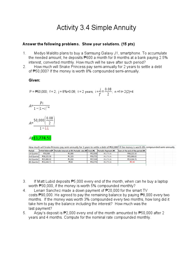 Activity 3.4 Simple Annuity: Answer The Following Problems. Show Your ...