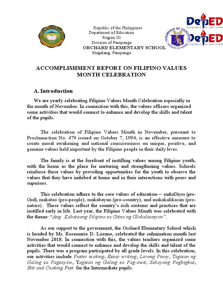 Accomplishment Report On Filipino Values Month Celebration A ...