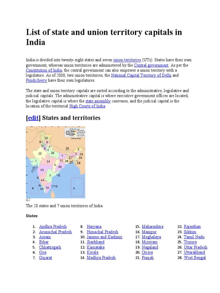 List of State and Union Territory Capitals in India | PDF | Government ...