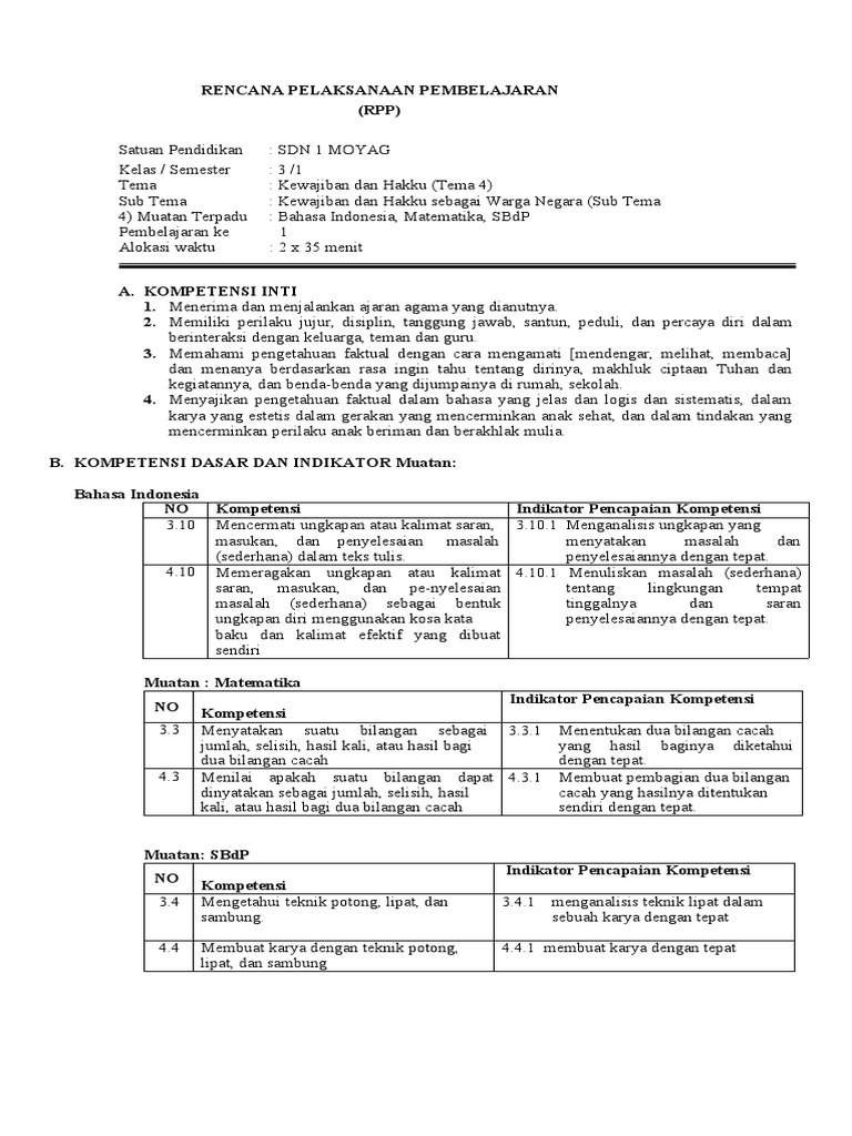RPP Tema 4 Kelas 3 | PDF